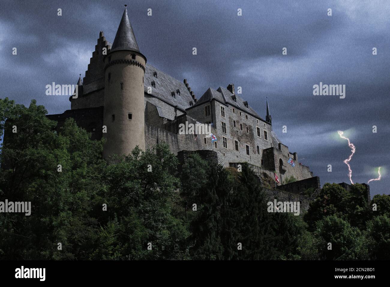 Castle shrouded in storm and lightning under a cloudy sky Stock Photo ...