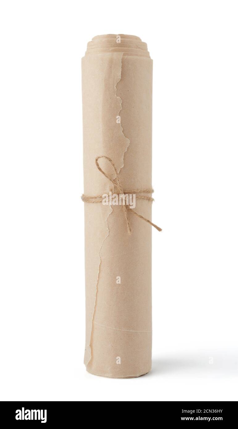 twisted roll of brown paper tied with a rope and isolated on a white ...