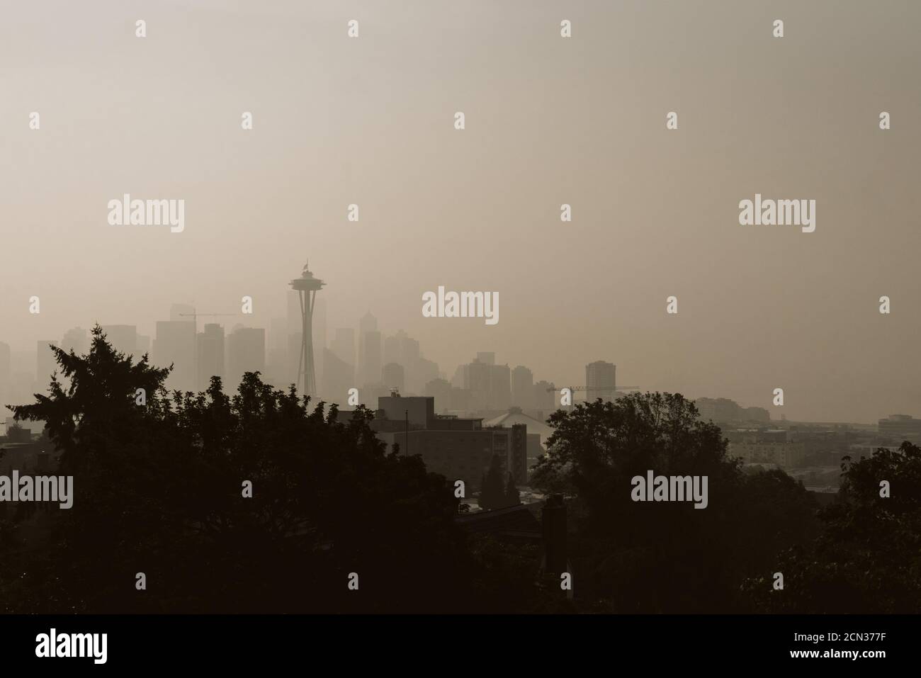 Wide angle view of the Seattle skyline covered in wildfire smoke Stock ...