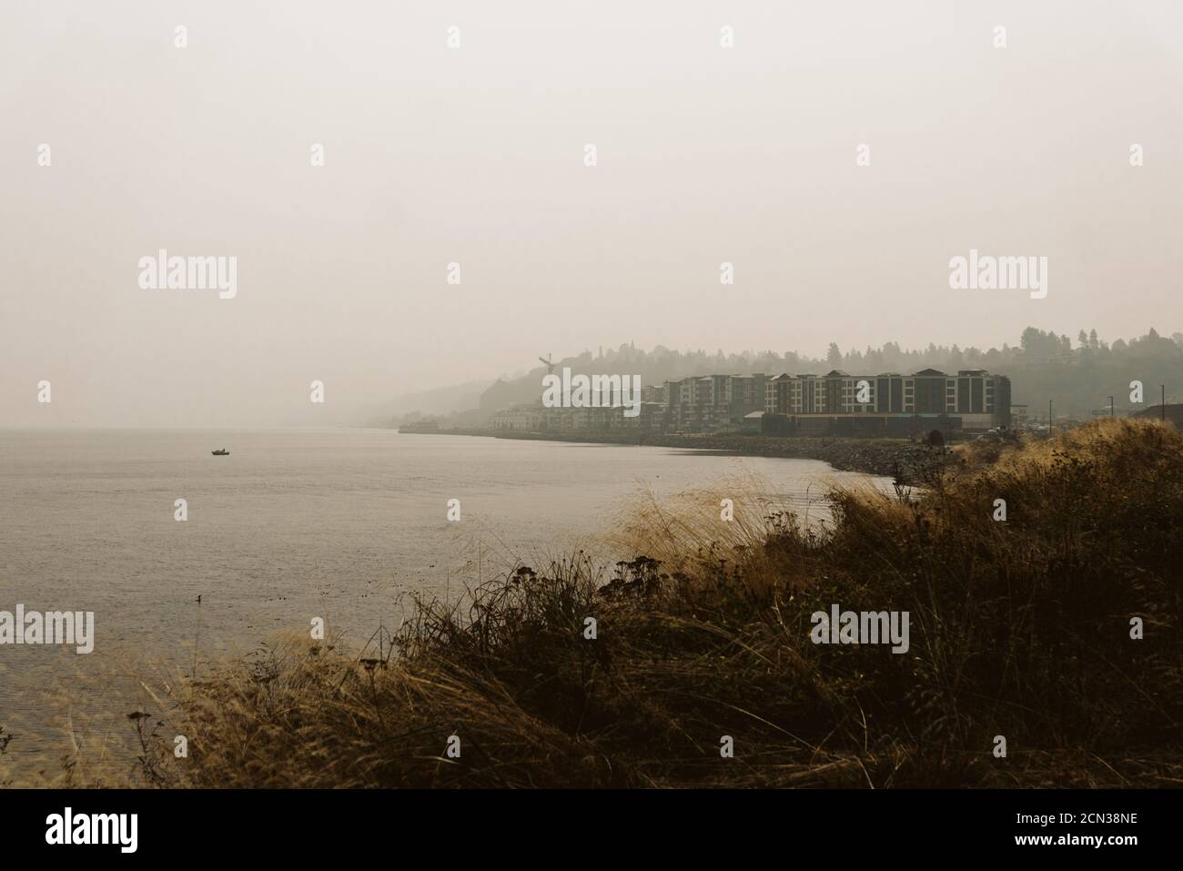 View of Commencement Bay in Tacoma, WA covered in wildfire smoke Stock ...