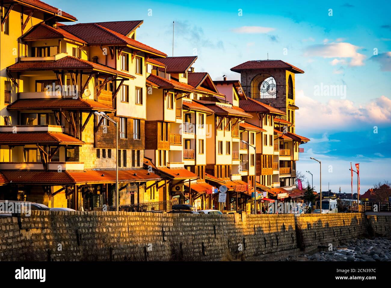 Bulgaria Bansko city at dawn street with hotel Stock Photo - Alamy