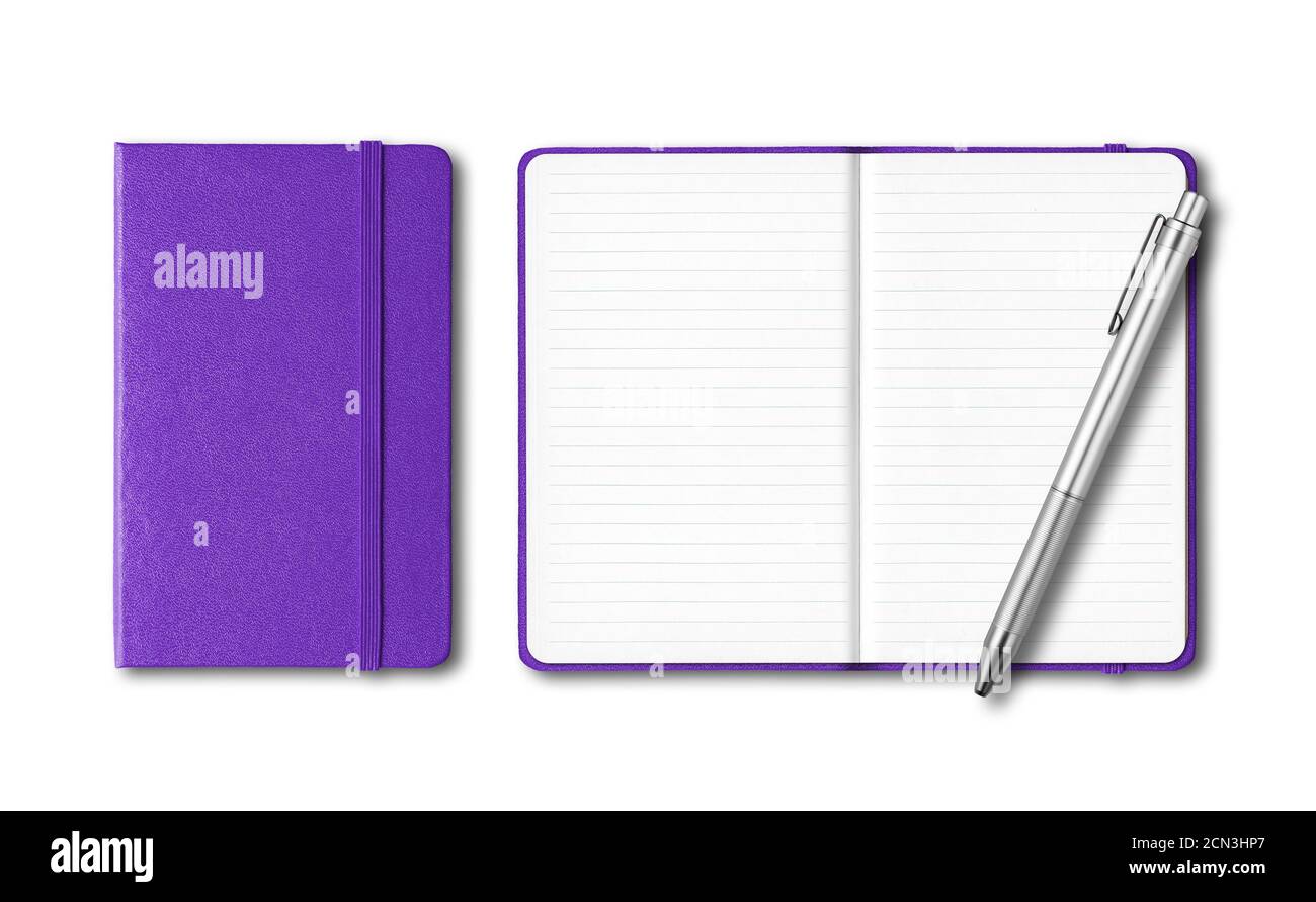 Purple closed and open notebooks with a pen isolated on white Stock ...