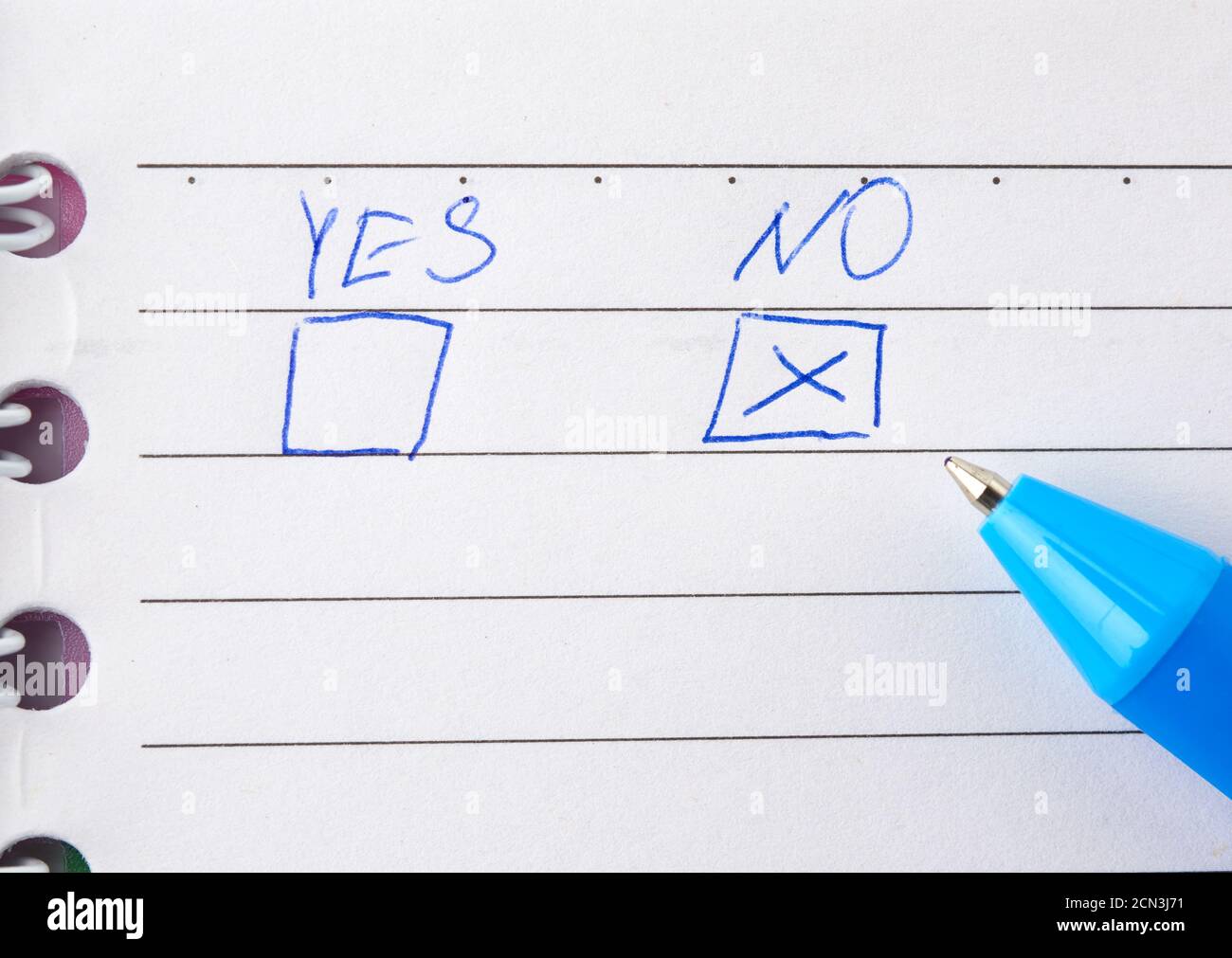 white sheet of paper with the words yes and no for choice, metal pen ...