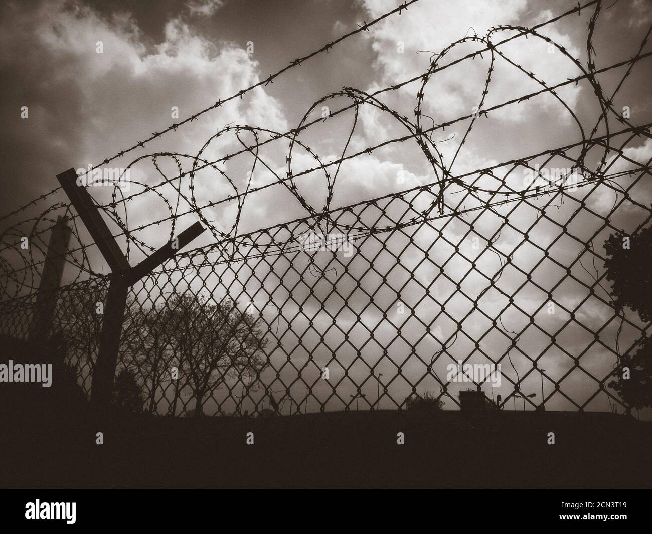 Barbed wire fence black and white picture Stock Photo - Alamy