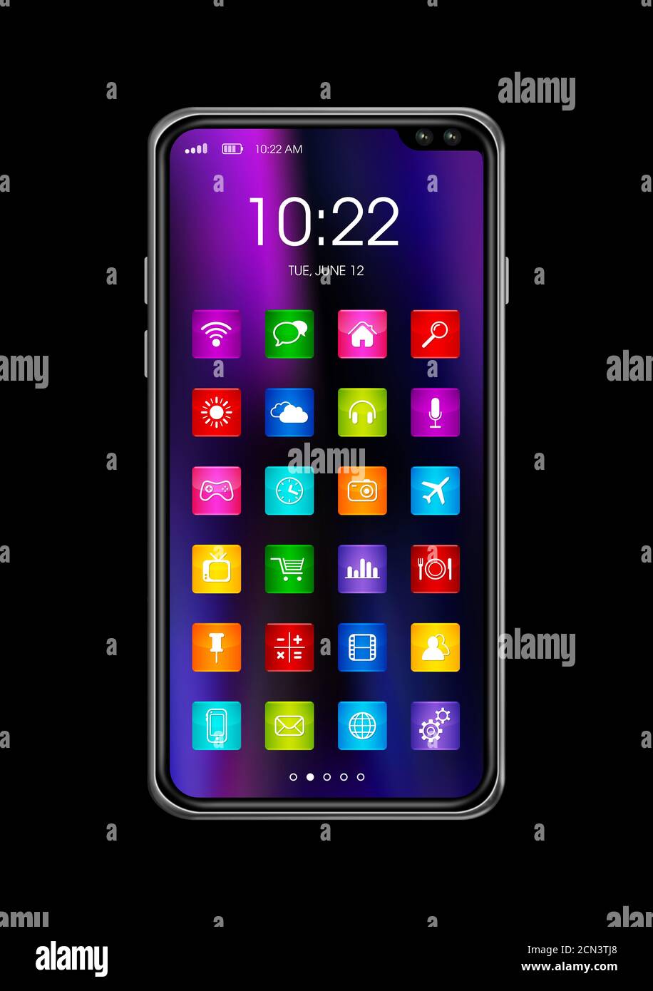 All screen smartphone with colorful icon set isolated on black. 3D ...