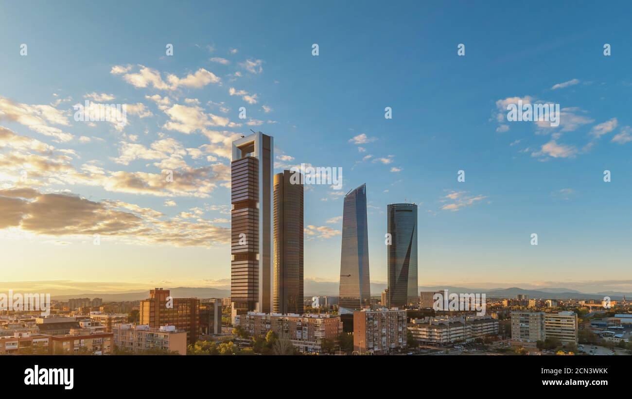 Madrid Spain, sunset city skyline at financial district center with ...
