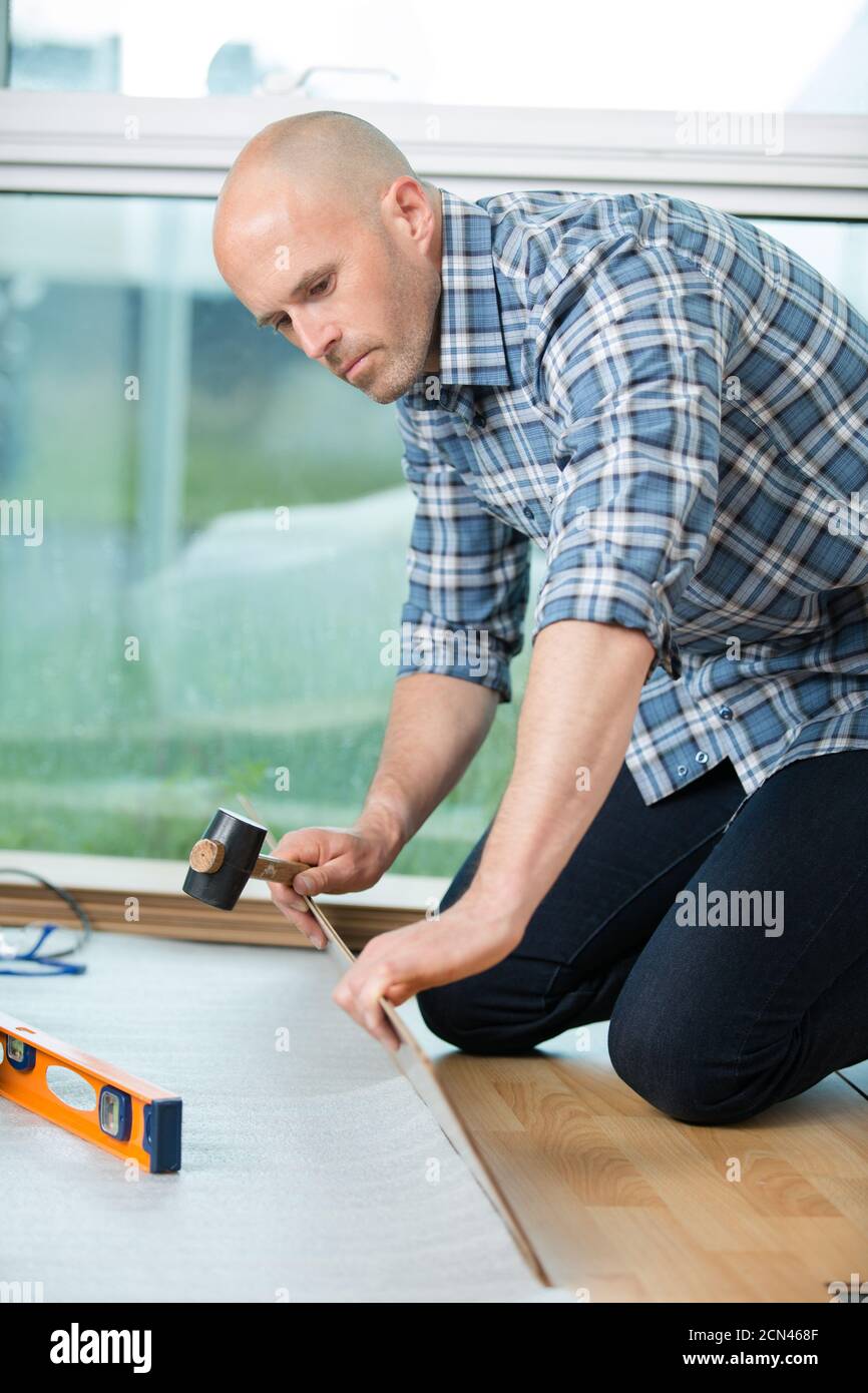a handyman installing wooden floor Stock Photo - Alamy