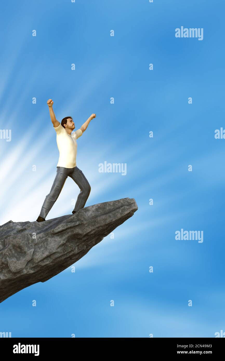Confident Man Standing on the Top of a Mountain Cliff Triumphantly ...