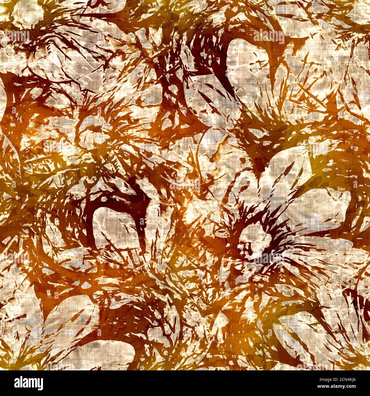 Seamless modern sepia brown flower blockprint print. Grunge watercolor ...