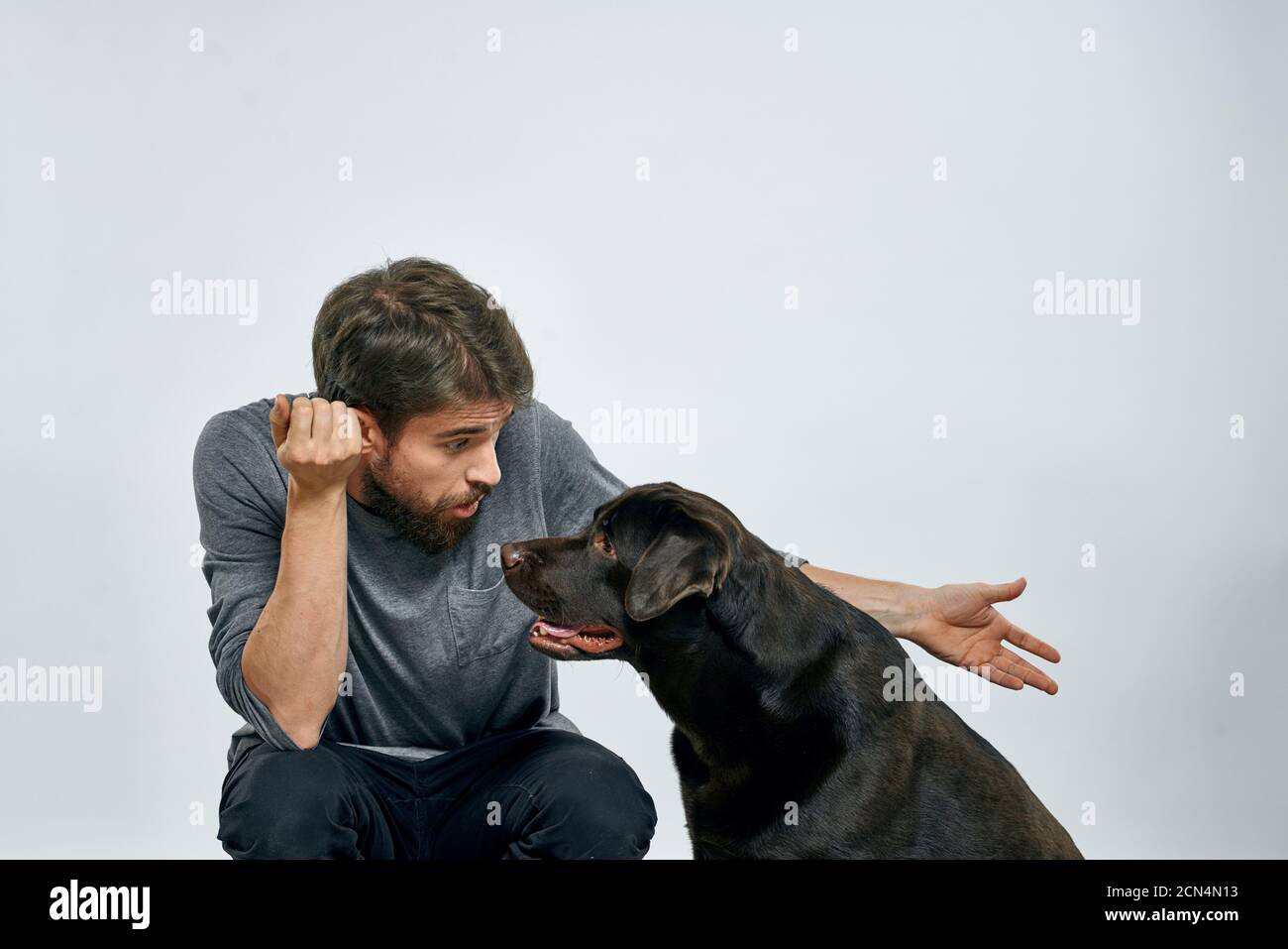 happy owner with pet black dog training model emotions Stock Photo - Alamy