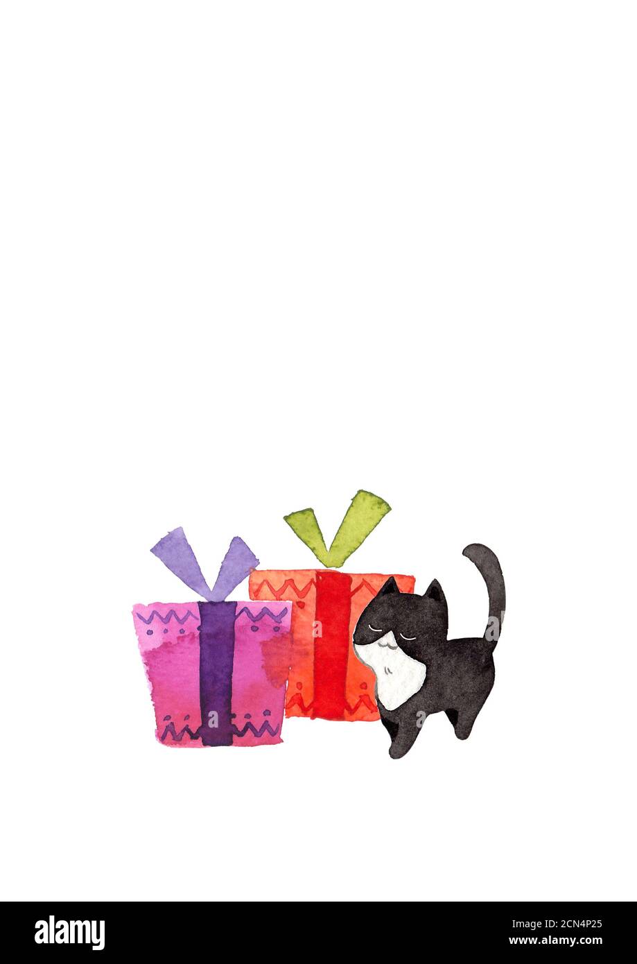 The cat is pushing the gift box. Watercolor hand painting illustration ...