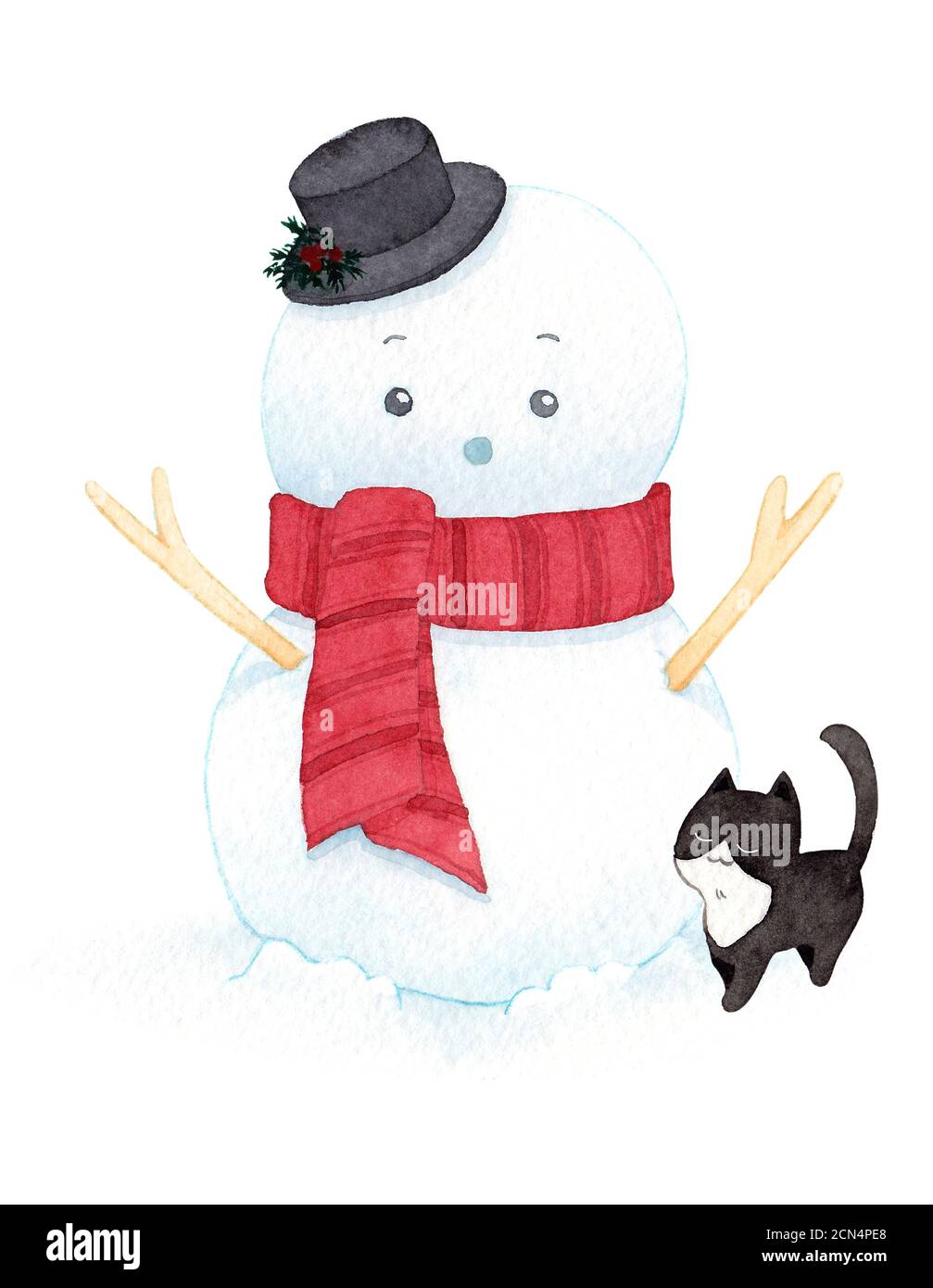 Cute christmas snowman wearing hat and scarf and cat on white ...