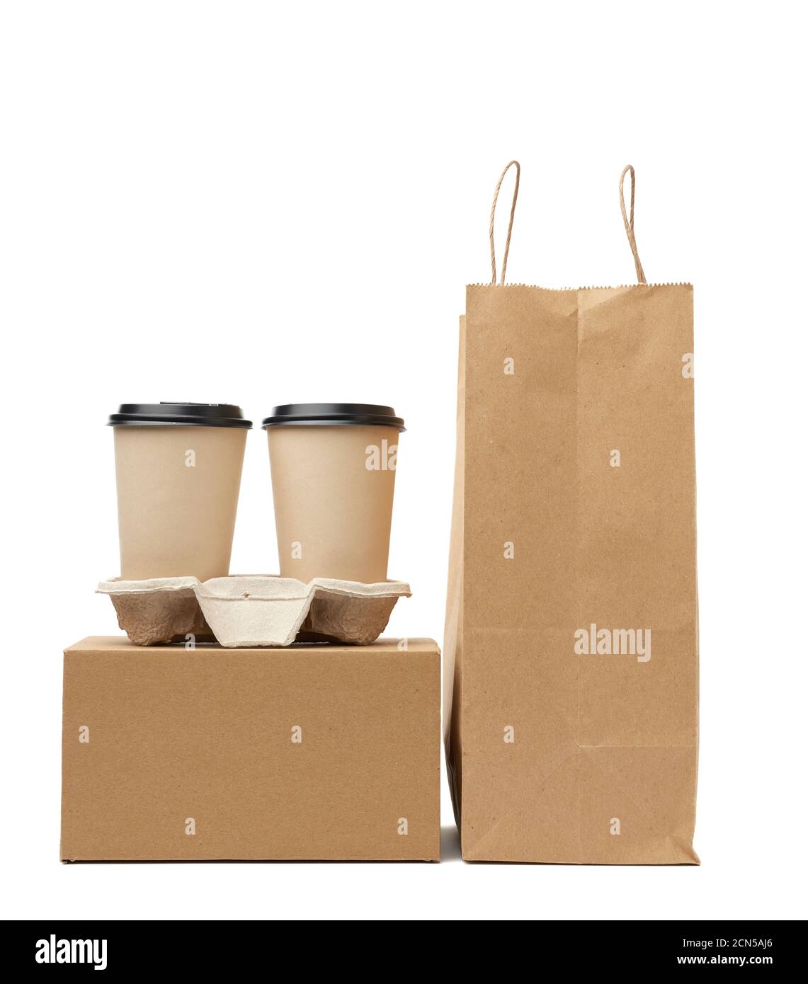 box, brown paper craft bag and disposable cups for hot drinks in tray ...