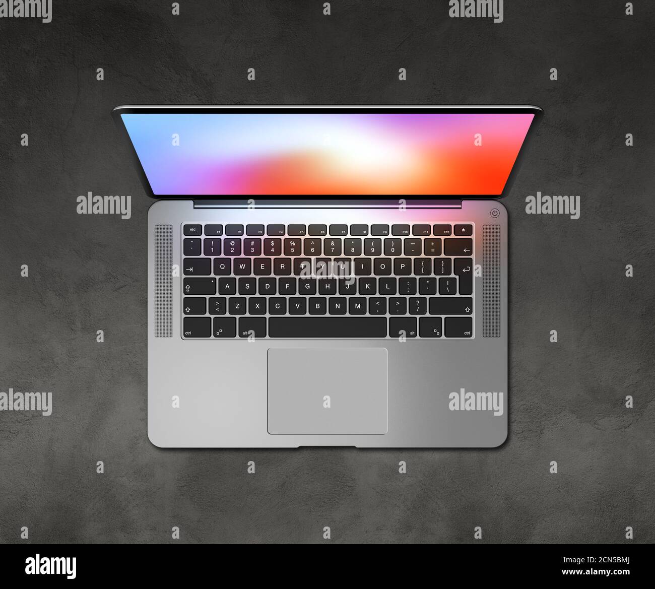 Open laptop top view with colorful screen on concrete desk. 3D render ...