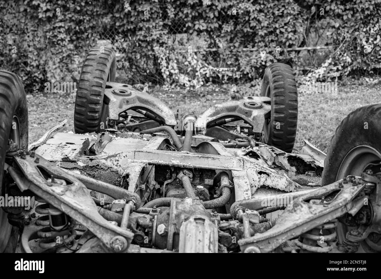 upside down and rusted out chassis of a Military surplus vehicle Stock ...