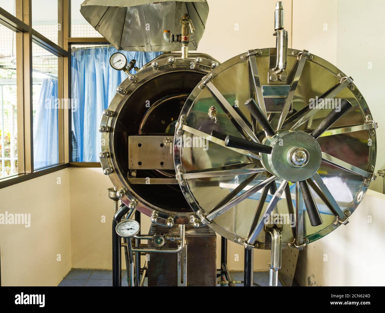 Close up black autoclave, hole of autoclave,sterilization machine for ...