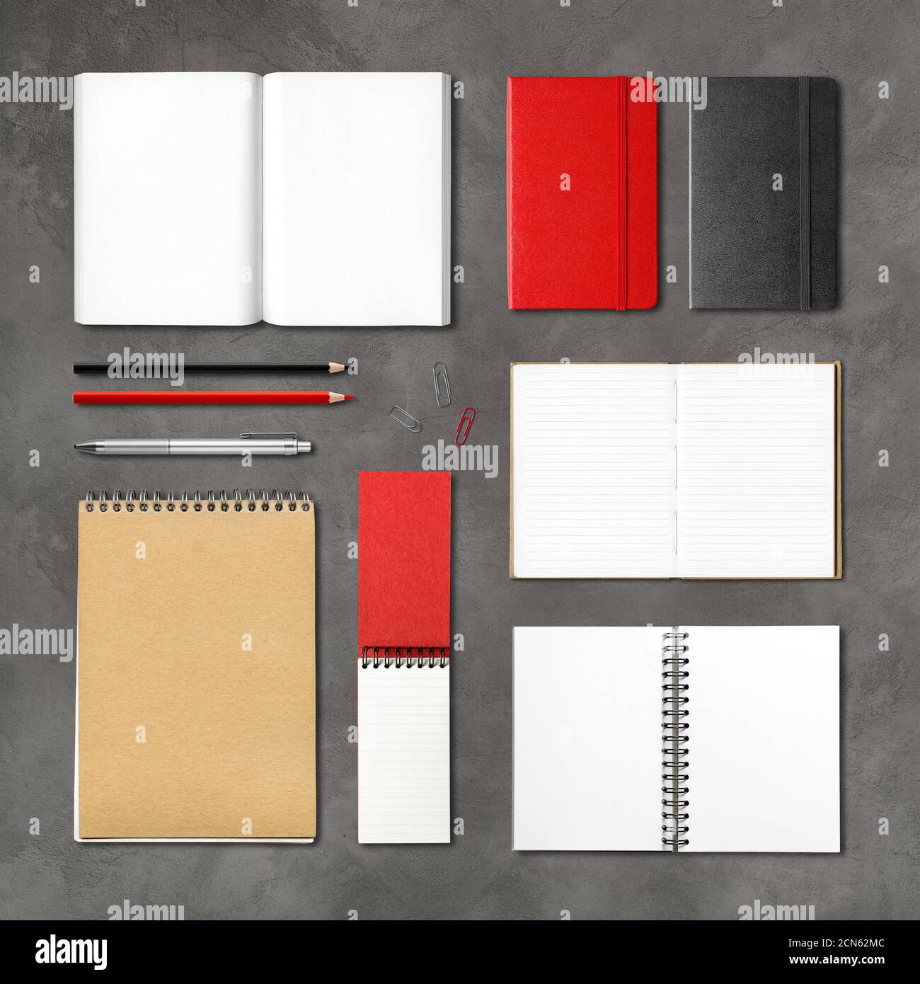 stationery books and notebooks on a concrete background Stock Photo - Alamy