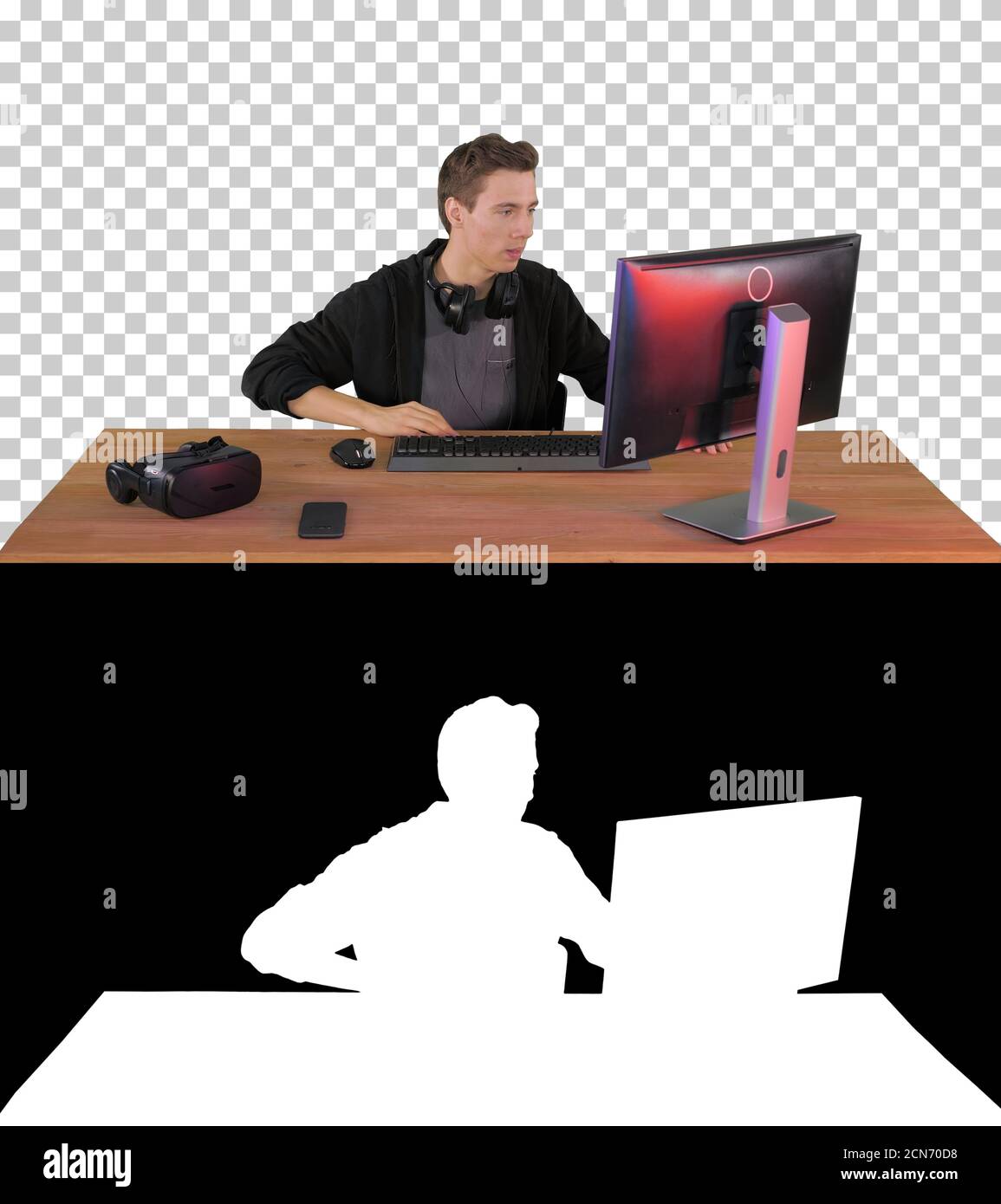 Nervous man watching video games on a PC computer, Alpha Channel Stock ...