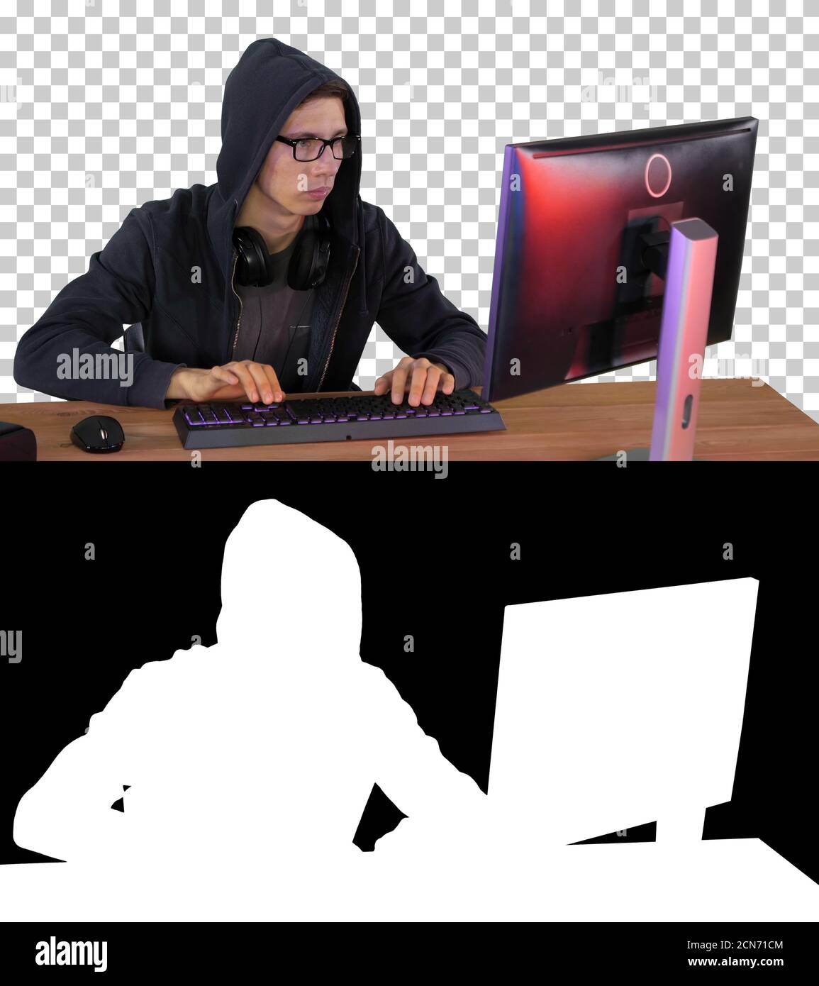Hacker in glasses breaking code, Alpha Channel with Silhouette Stock ...