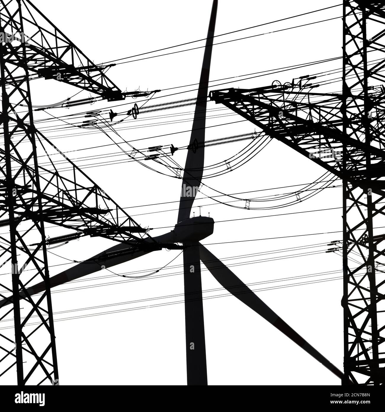 Two overhead line pylons and a wind turbine, Witten, North Rhine ...