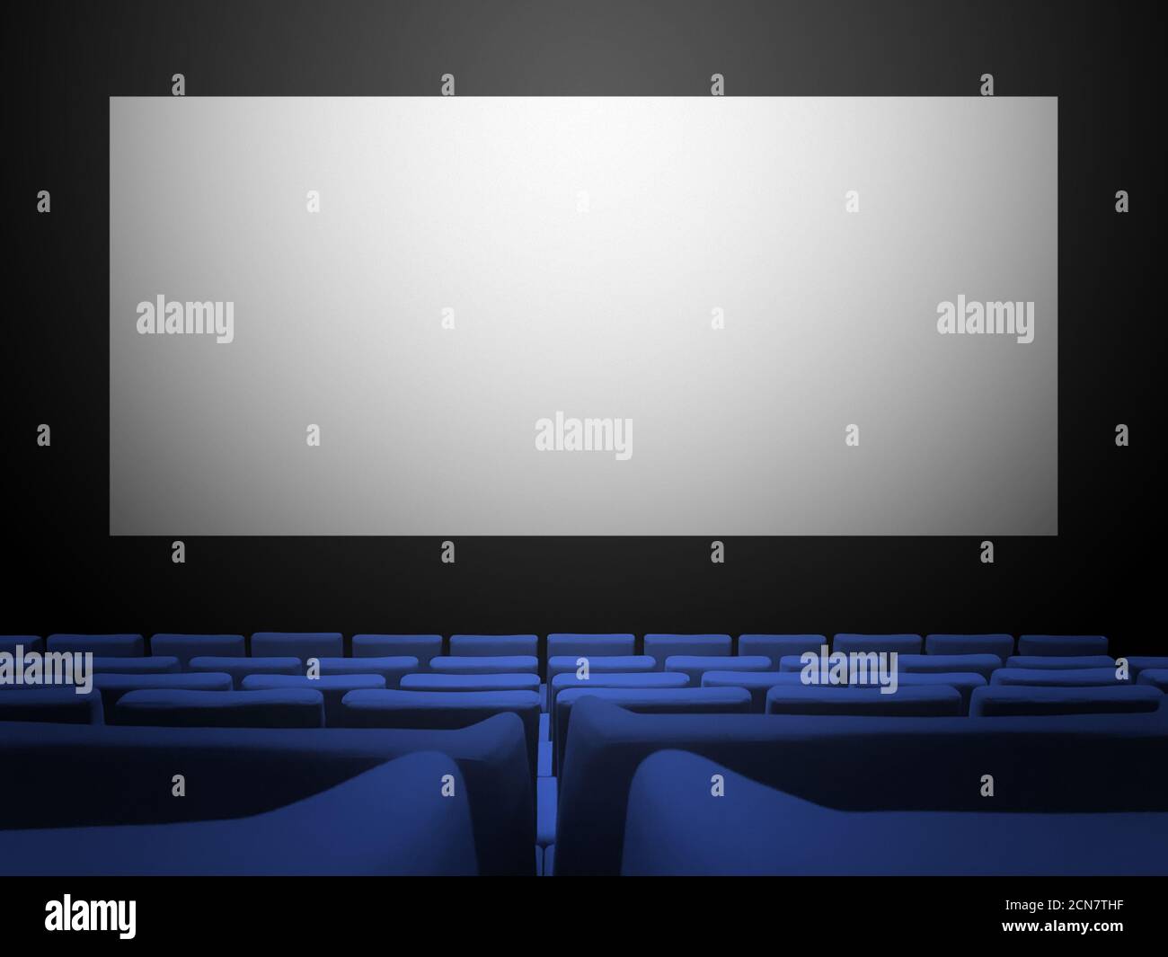 Cinema movie theatre with blue seats and a blank white screen Stock ...