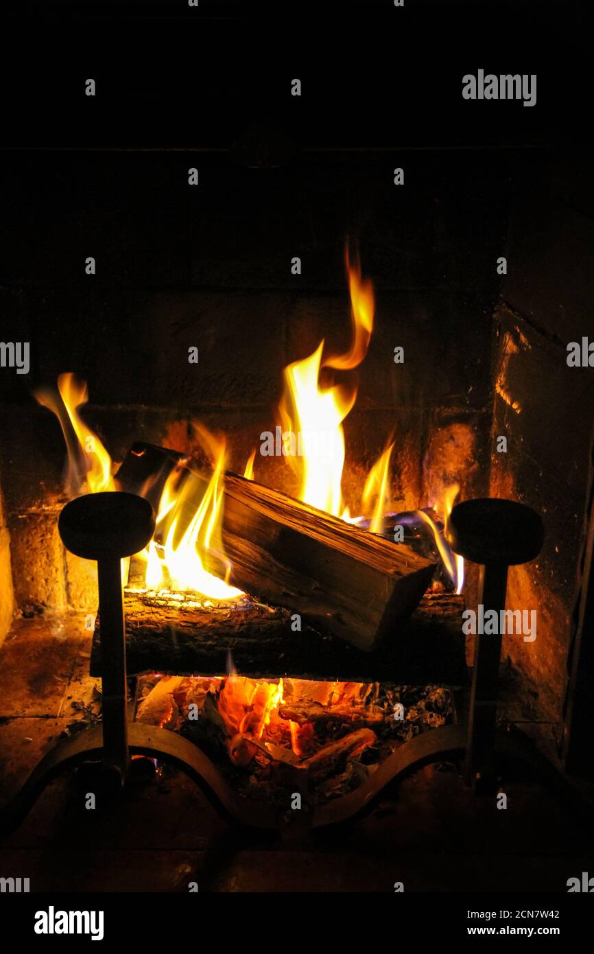 Fireplace close-up interior view at night Stock Photo - Alamy