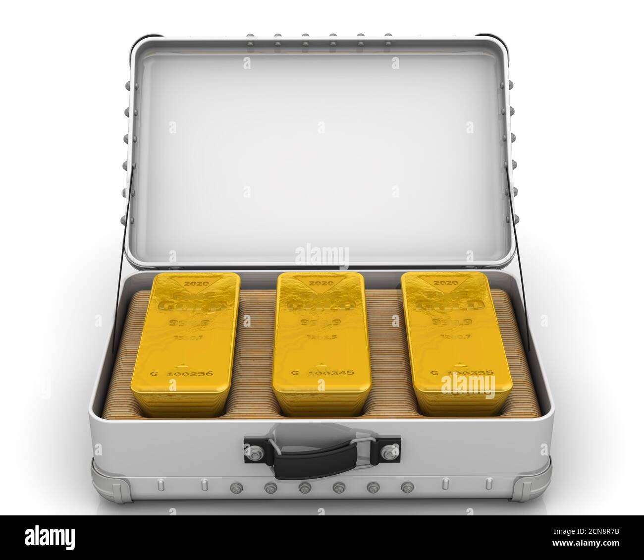 One suitcase with gold bars. A suitcase filled with three gold bars ...