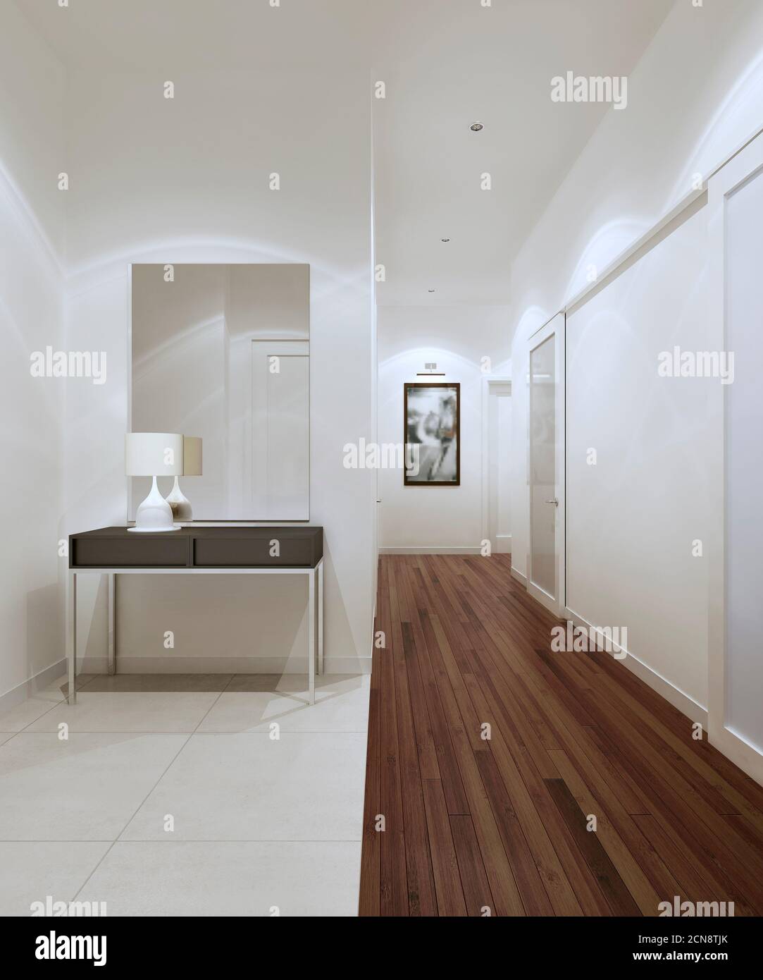 Corridor in a modern style in white with a console with a mirror with ...