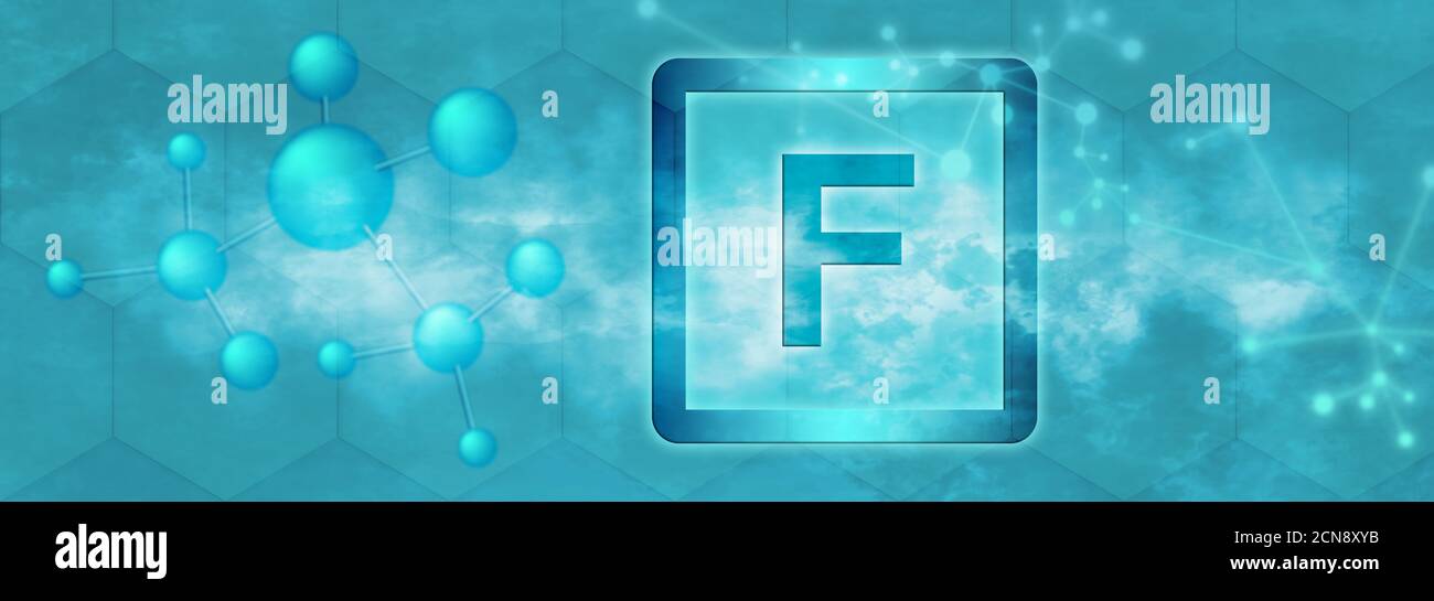 F symbol. Fluorine chemical element with molecule and network on blue ...