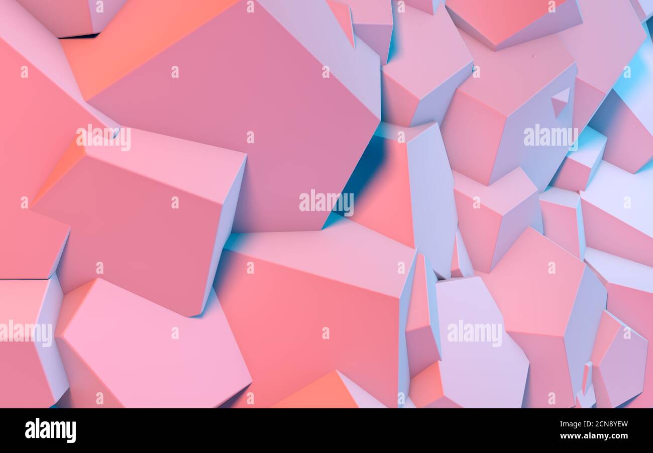 Abstract background with 3D shapes flying in pink and blue light as a ...
