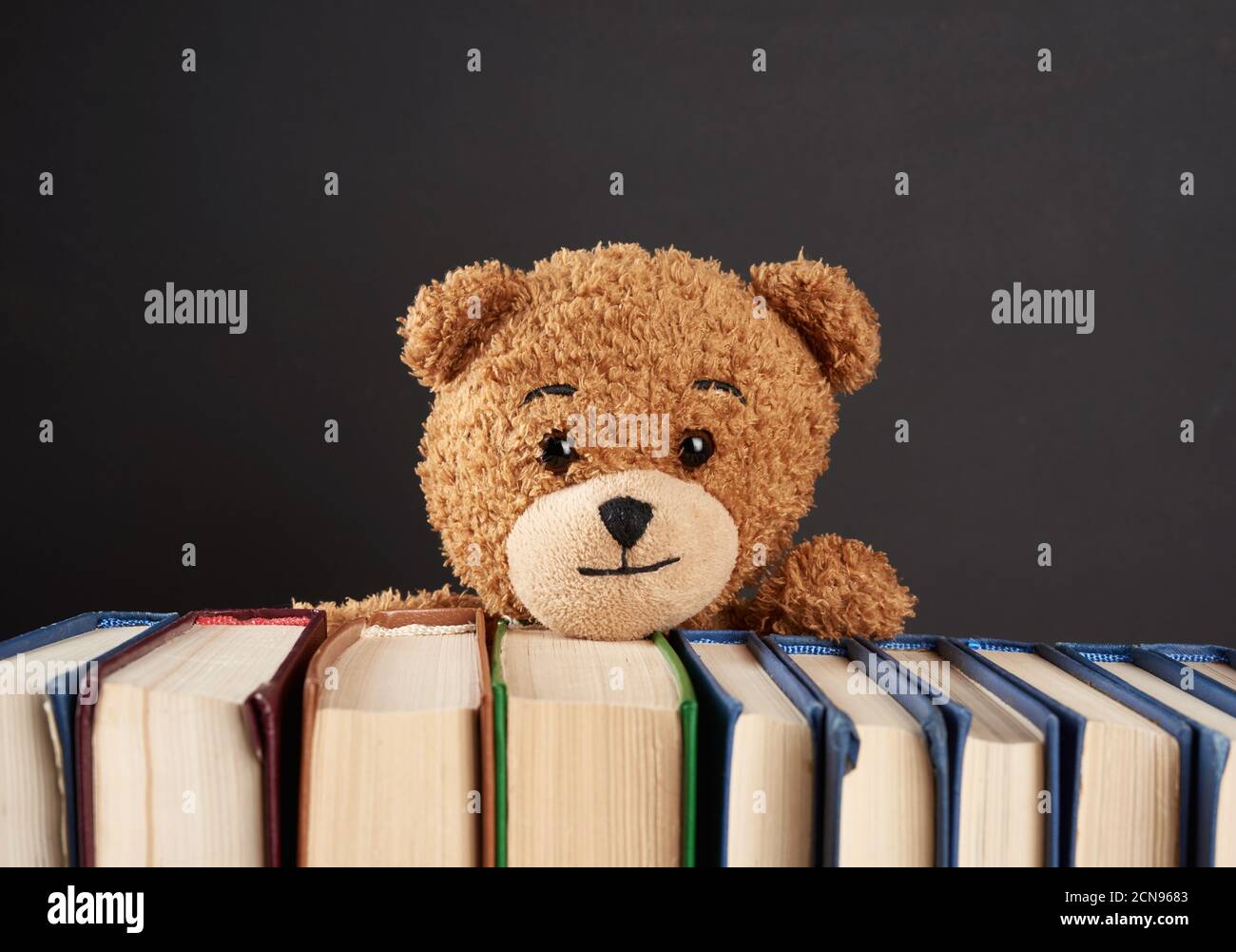 teddy bear peeking out from behind a stack of books, black background ...