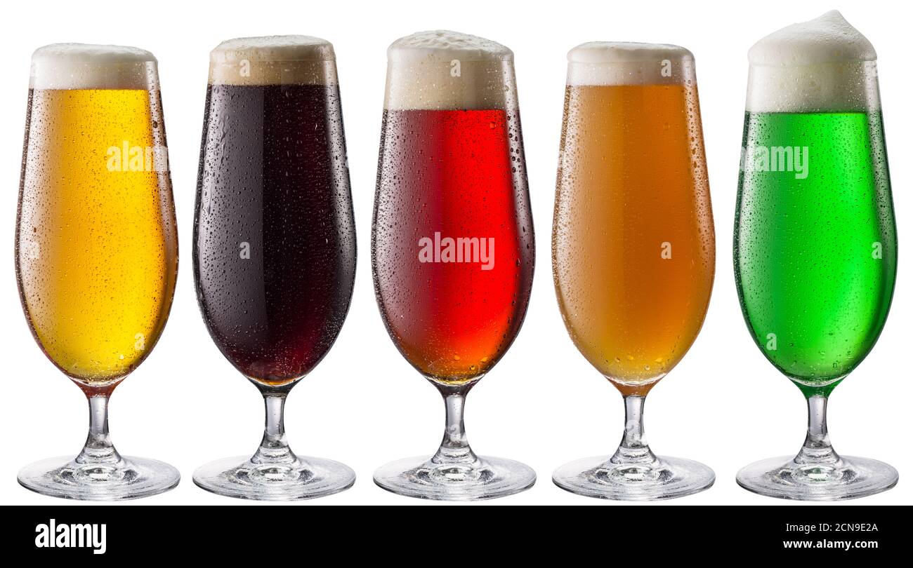 Collection of five types of different beer in glasses isolated on a ...
