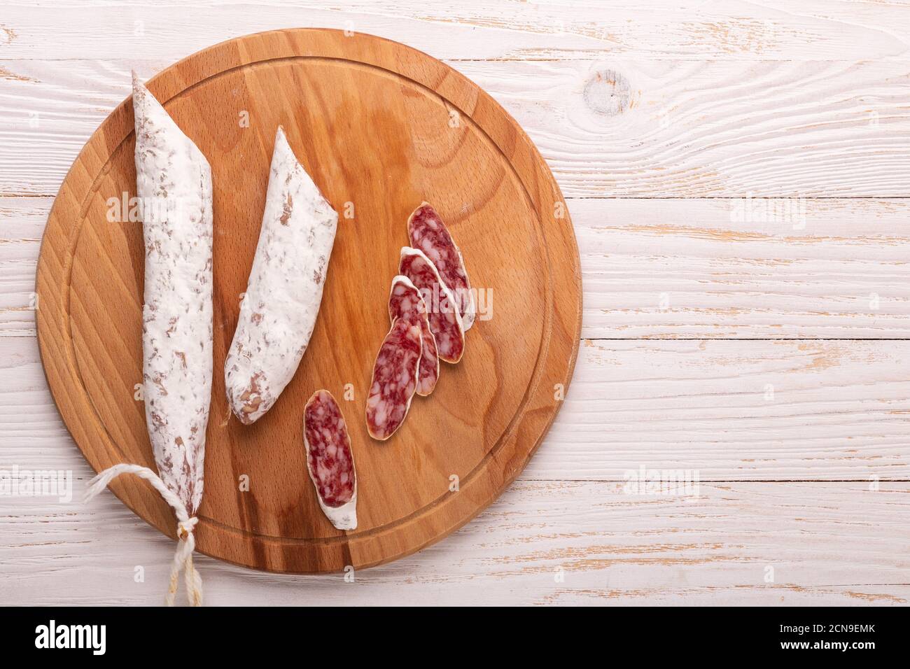 Top view on set of salami sausages with fresh bread hi-res stock ...