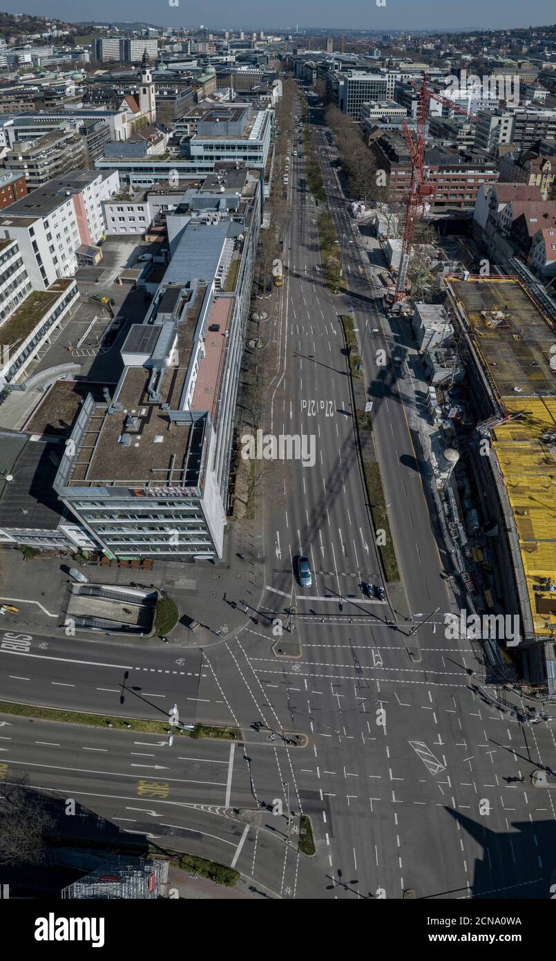 Aerial view sunny city streets, Stuttgart, Baden-Wuerttemberg, Germany ...