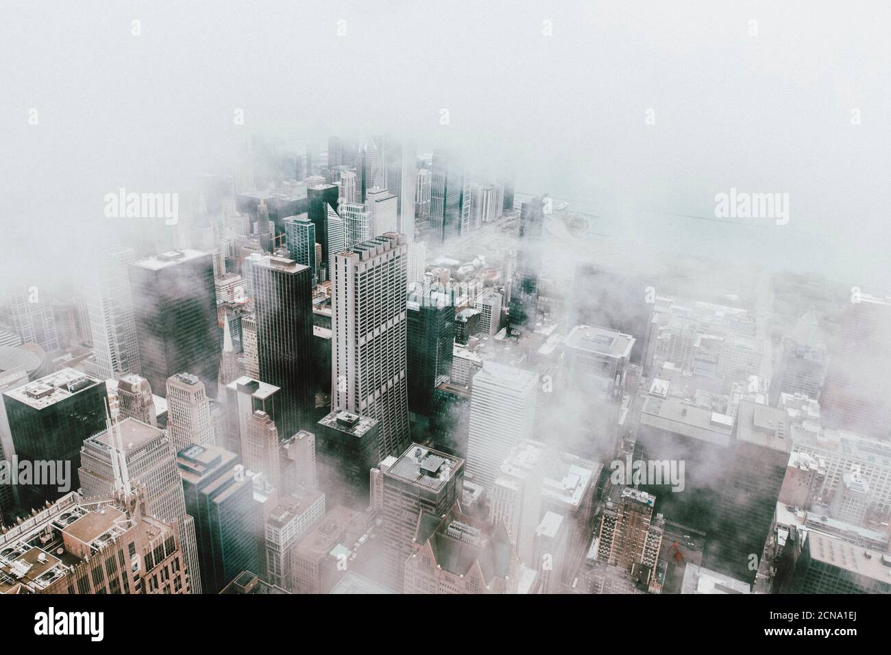 Aerial view highrise buildings in fog, Chicago, Illinois, USA Stock ...