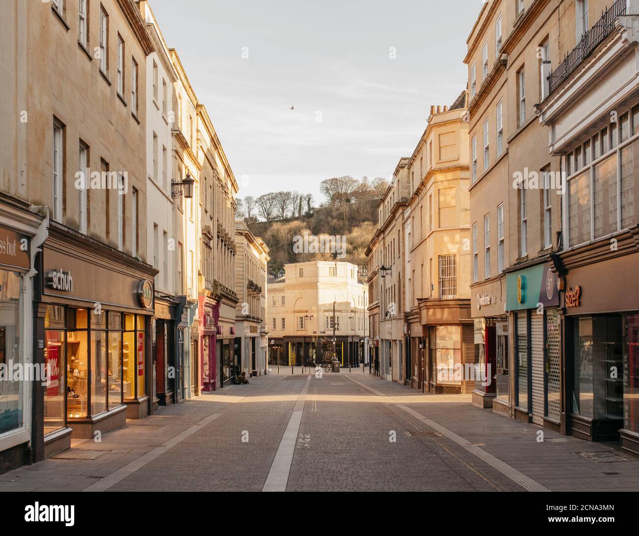 Buildings along empty main street, Bath, Somerset, UK Stock Photo - Alamy