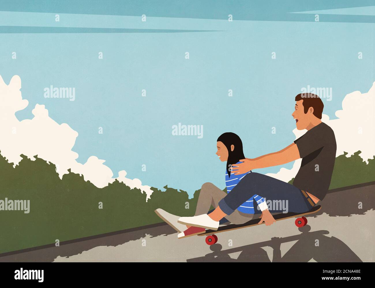 Happy father and daughter riding skateboard downhill Stock Photo - Alamy