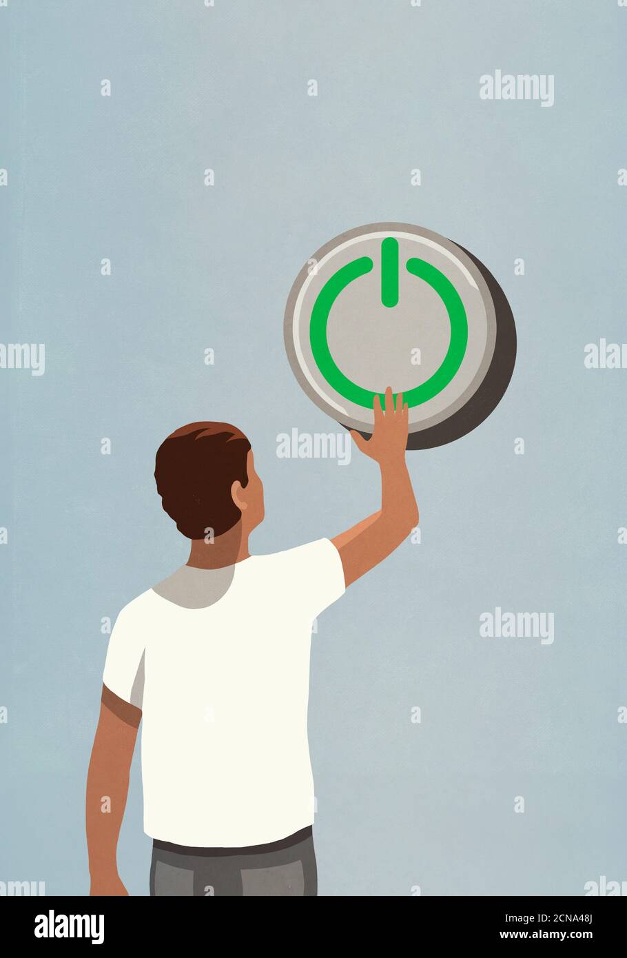 Man pushing large power on button Stock Photo - Alamy