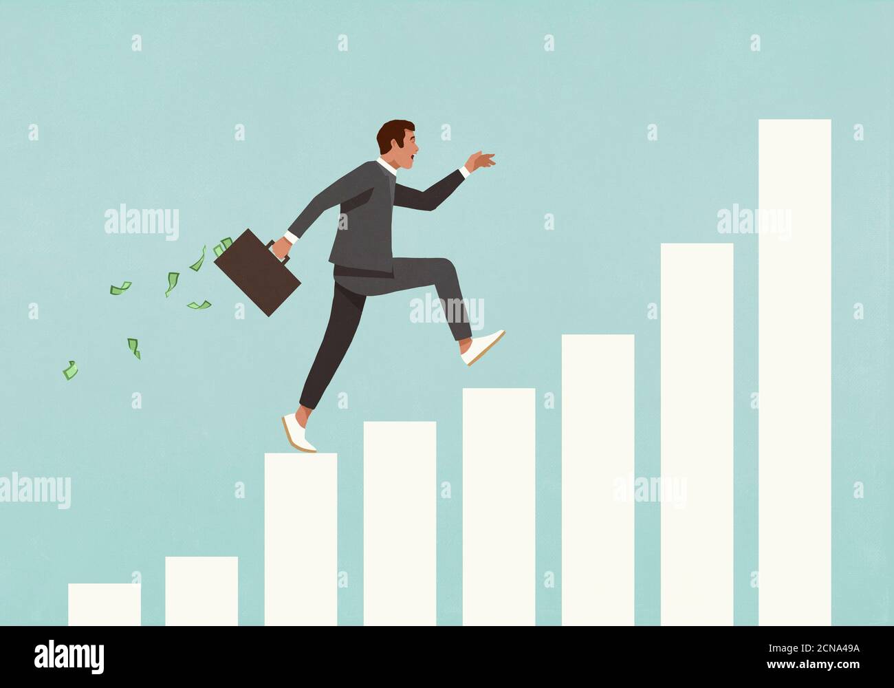 Eager businessman with briefcase of money running up ascending bar ...