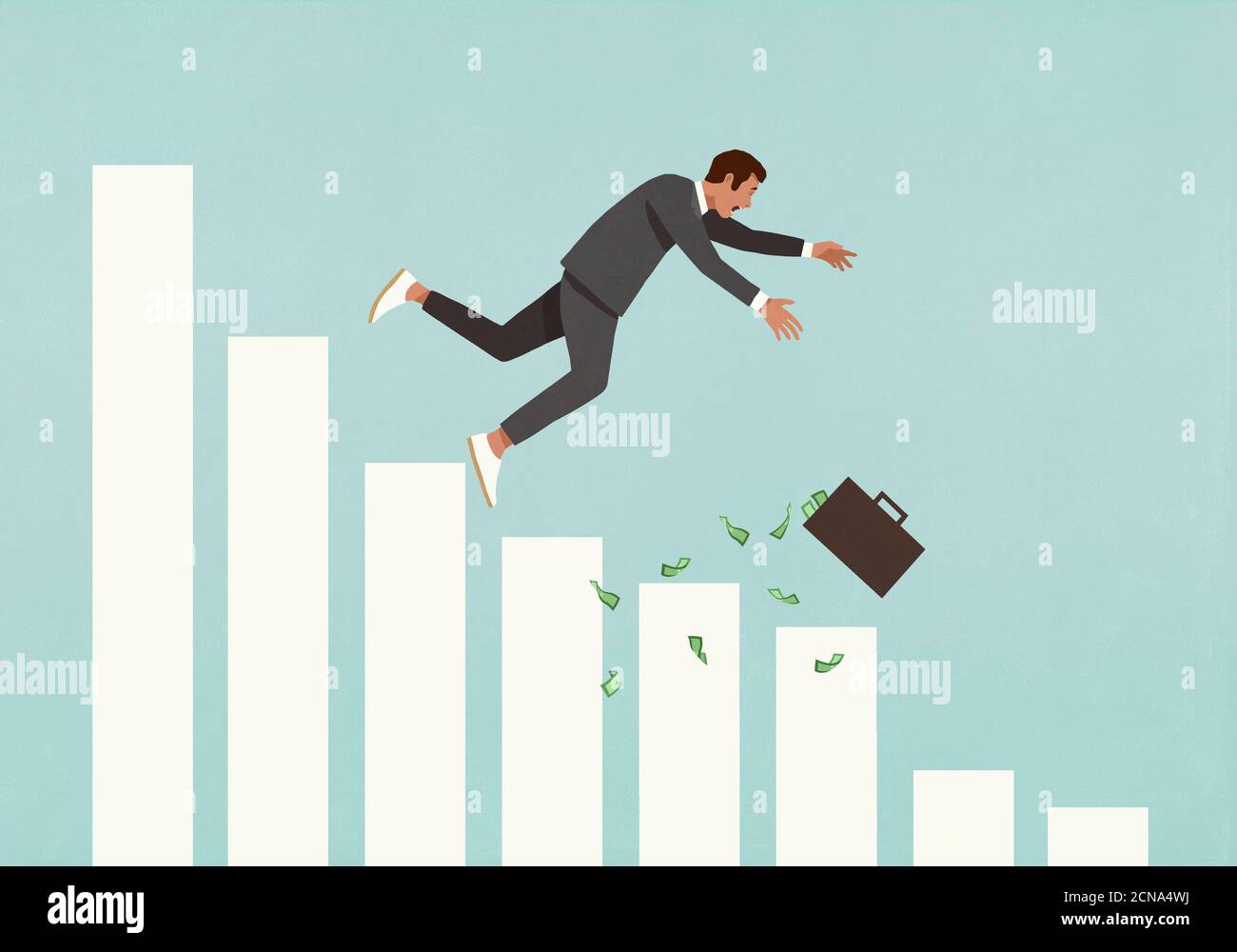 Businessman with cash briefcase falling from bar graph Stock Photo - Alamy