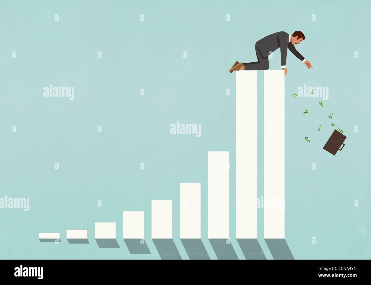 Businessman at top of bar graph reaching for falling briefcase of cash ...