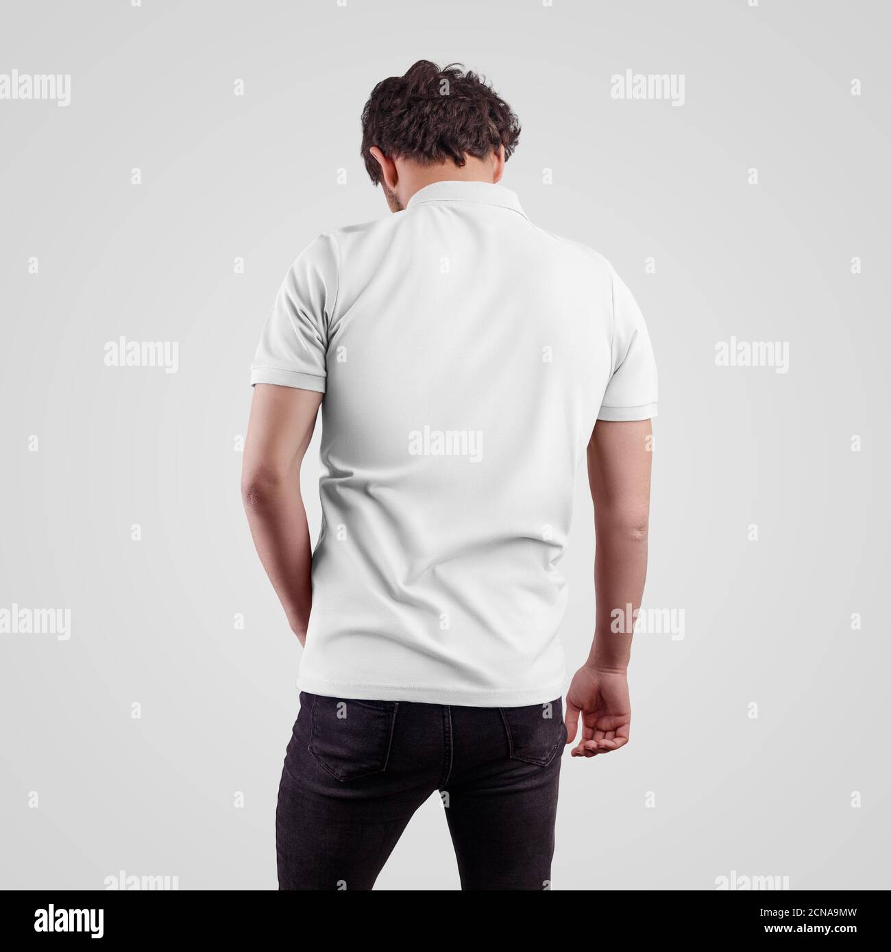 Mockup of white clothes on a guy, back view, blank polo for design ...