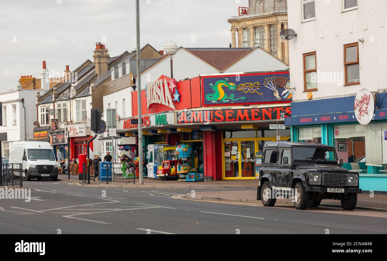 View across the street to Amusements and business frontages along ...
