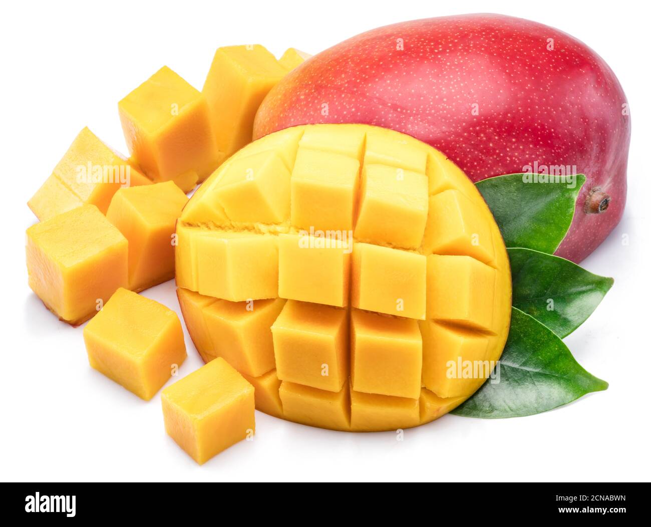 Mango fruit with mango cubes. Isolated on a white background Stock ...