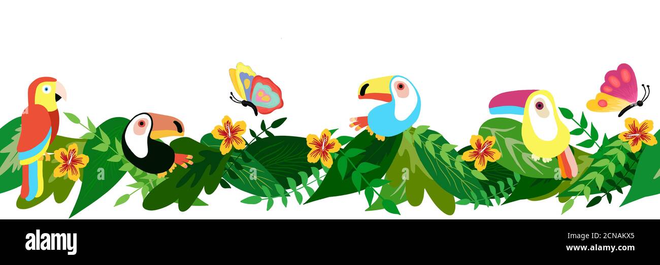 Tropical leaves birds and flowers seamless border. Exotic plants on ...