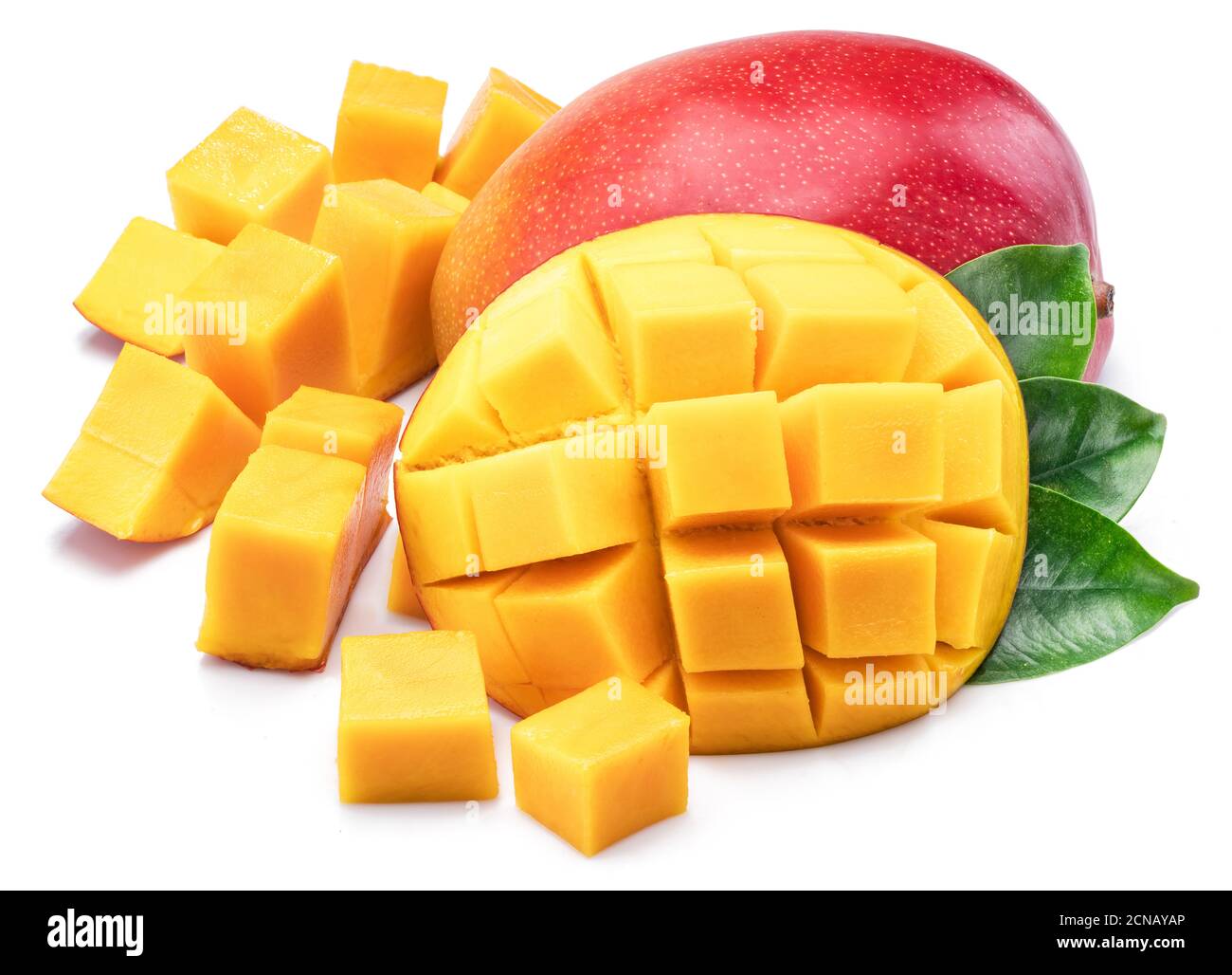 Mango fruit with mango cubes. Isolated on a white background Stock ...