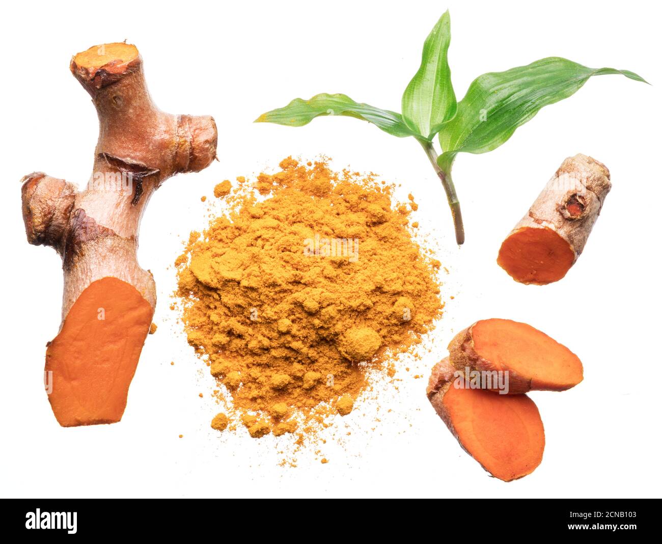 Fresh turmeric rhizome and turmeric powder isolated on white background ...