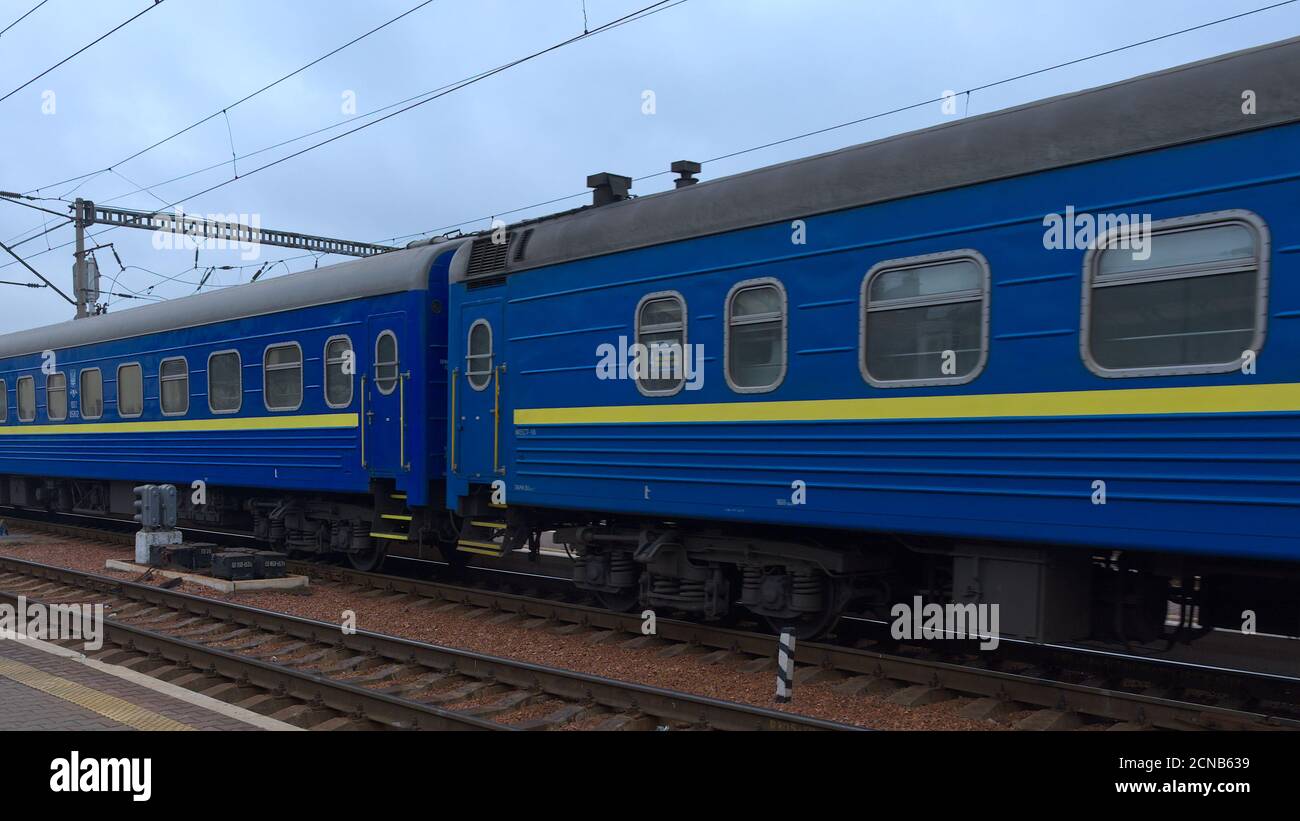 Kyiv, Ukraine, February 25, 2020. Ukrzaliznytsia train carriages on a ...