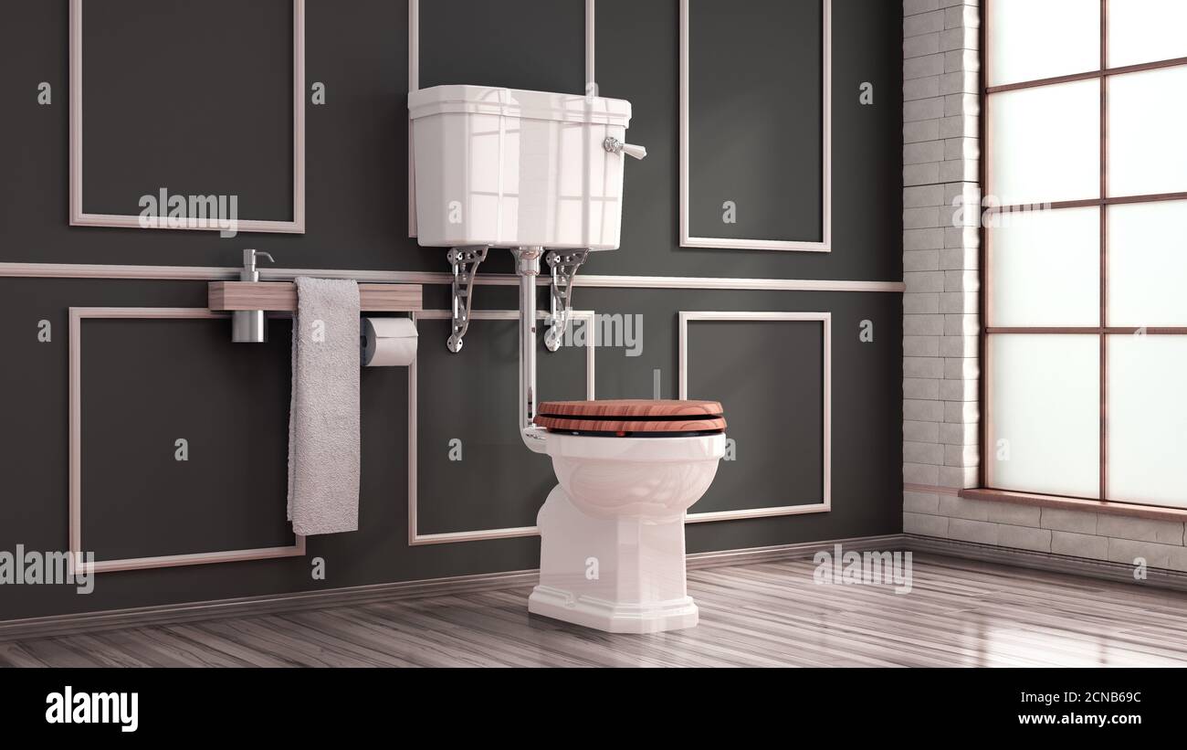 vintage darck tones empty restroom 3d render image Stock Photo - Alamy