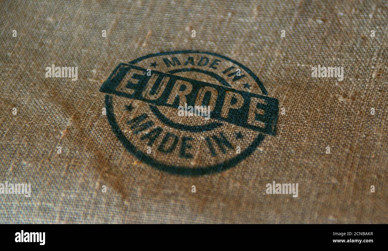 Made in Europe, EU, European Union stamp printed on linen sack. Factory ...